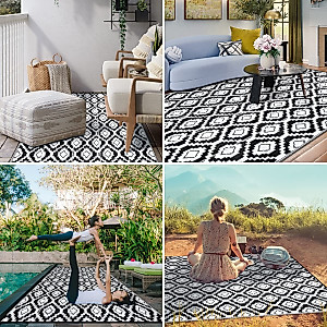 HIHEGD Outdoor Rug 9x12 for Patio Camping RV, Waterproof Reversible Mat, Plastic Straw Rug for Indoor Outdoor Patio Clearance, Porch, Deck, Backyard, Picnic (Black and White)