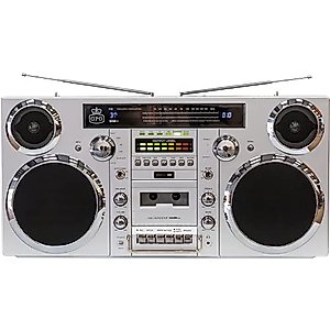 GPO Brooklyn 1980S-Style Portable Boombox - CD Player, Cassette Player, FM Radio, USB, Wireless Bluetooth Speaker - Silver