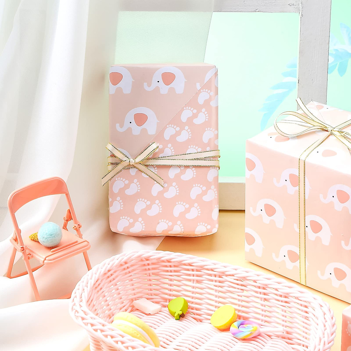 LeZakaa Reversible Pink Baby Shower Wrapping Paper Roll, Elephant & Footprint in Pink for Baby Shower, Baby Girl's 1st Birthday, Newborn Party, Mini Roll, 17 inches x 32.8 Feet