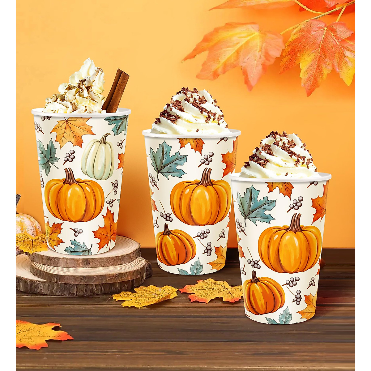 Thanksgiving Disposable Paper Cups 30 Pack, Pumpkin Maple Leaves Paper Cups, Fall Drinking Cups for Hot and Cold Beverages 12 Ounce, Thanksgiving Dinner Autumn Harvest Fall Party Supplies