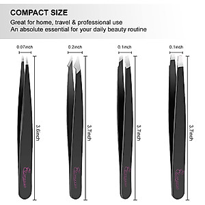 Tweezers Set-4 Pieces Slanted and Pointed Stainless Steel Tweezers (Black)