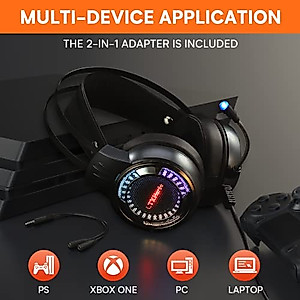 Gaming Headset, LTXHorde RGB PC Headset with Noise Cancelling Microphone, Over Ear Gaming Headphones, Surround Sound, Stereo Bass, LED Lights, Wired Gamer Headset for Laptop, PS4, PS5, Switch, Xbox