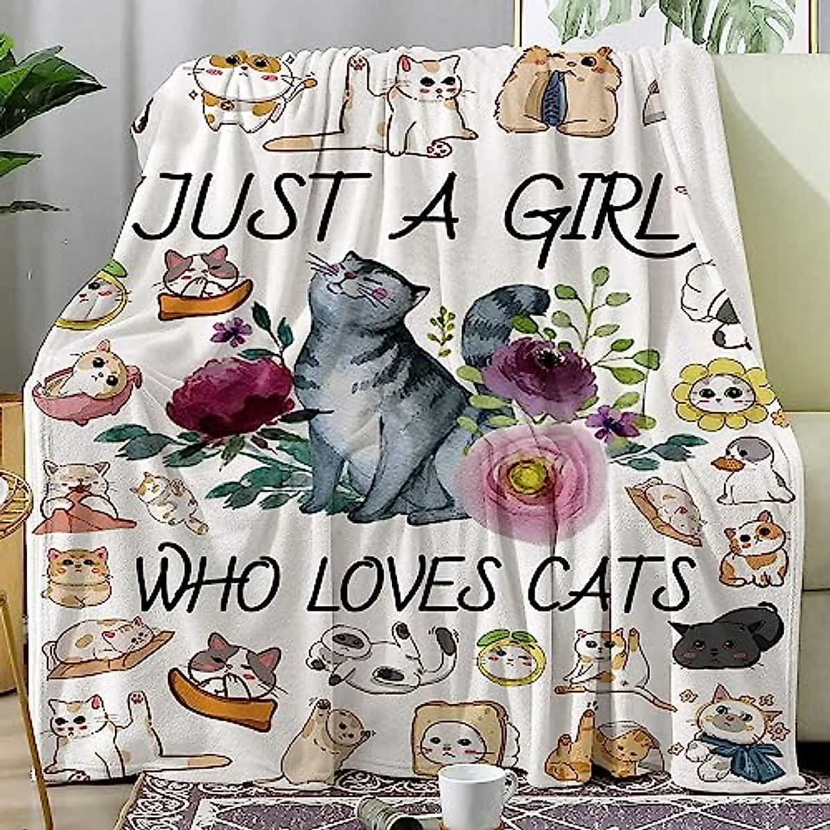 Cat Blanket Ultra Soft Flannel Throw Blanket Just a Girl Who Loves cat Blankets Cat Gifts for Cat Lovers Cozy Lightweight Blankets for Women Kids Adults 50"X 40"