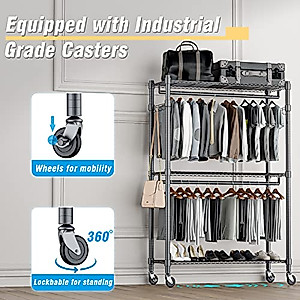 Homdox 3 Shelves Wire Shelving Clothing Rolling Rack Heavy Duty Commercial Grade Garment Rack with Wheels and Side Hooks (One Pair Hook and Two Hanging Rods Gray)