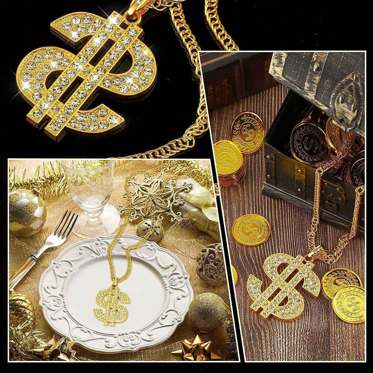Tatuo 2 Pieces Plated Chain for Men with Dollar Sign Pendant Necklace, Hip Hop Dollar Necklace (Gold,Trendy Style)