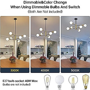 MOUFIER Sputnik Chandelier Black and Gold Ceiling Light Height Adjustable E27 Modern Ceiling Lighting Fixture for Living Room Bedroom Dining Room Kitchen Office (6-Light)