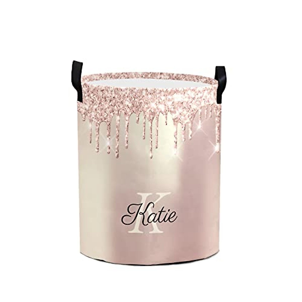 MakeUnique Gold Rose Glitter Drop Personalized Laundry Baskets with Name Waterproof Clothes Laundry Hampers Bathroom Toy and Sundries Collection Storage Bin with Handles, 19.69inch(H)x14.17inch(D)