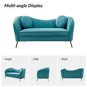 HULALA HOME Velvet Loveseat Sofa with 2 Pillows, Mid-Century Modern 2-Seat Sofa with Golden Legs for Bedroom, Comfy Upholstered Love Seat Couch, Teal