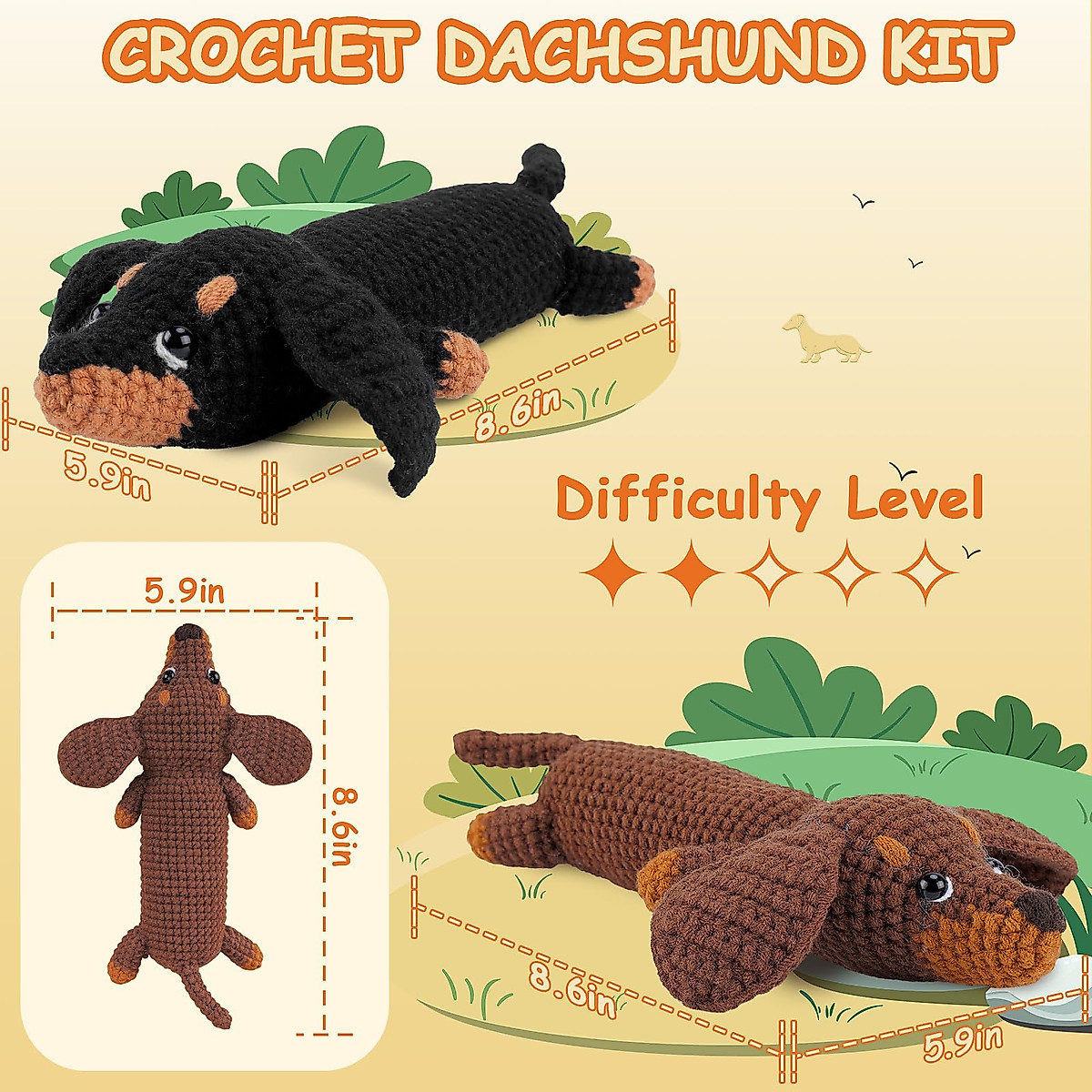 Crochet Kit for Beginners - 2 PCS Dachshund Crochet Kit with Step-by-Step Video Tutorials, Beginner Crochet Kit for Adults, Crochet Animal Kit for Kids, Dog Crocheting Set (Brown & Black)