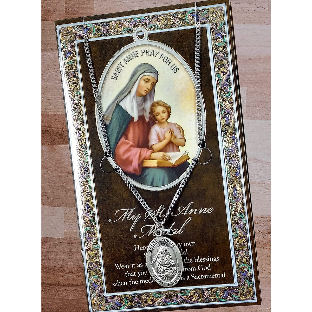 Saint Anne Medallion with St Anne Prayer Card, Lord's Prayer Card | St Anne Medal Necklace Jewelry | Catholic Patron Saint Of Unmarried Women, Mothers, Grandmothers Themed Set, Total 3 Items