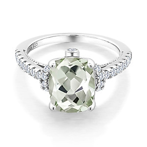 Gem Stone King 925 Sterling Silver Green Prasiolite and White Created Sapphire Ring For Women (3.00 Cttw, Cushion Cut 10X8MM, Available in size 5, 6, 7, 8, 9)