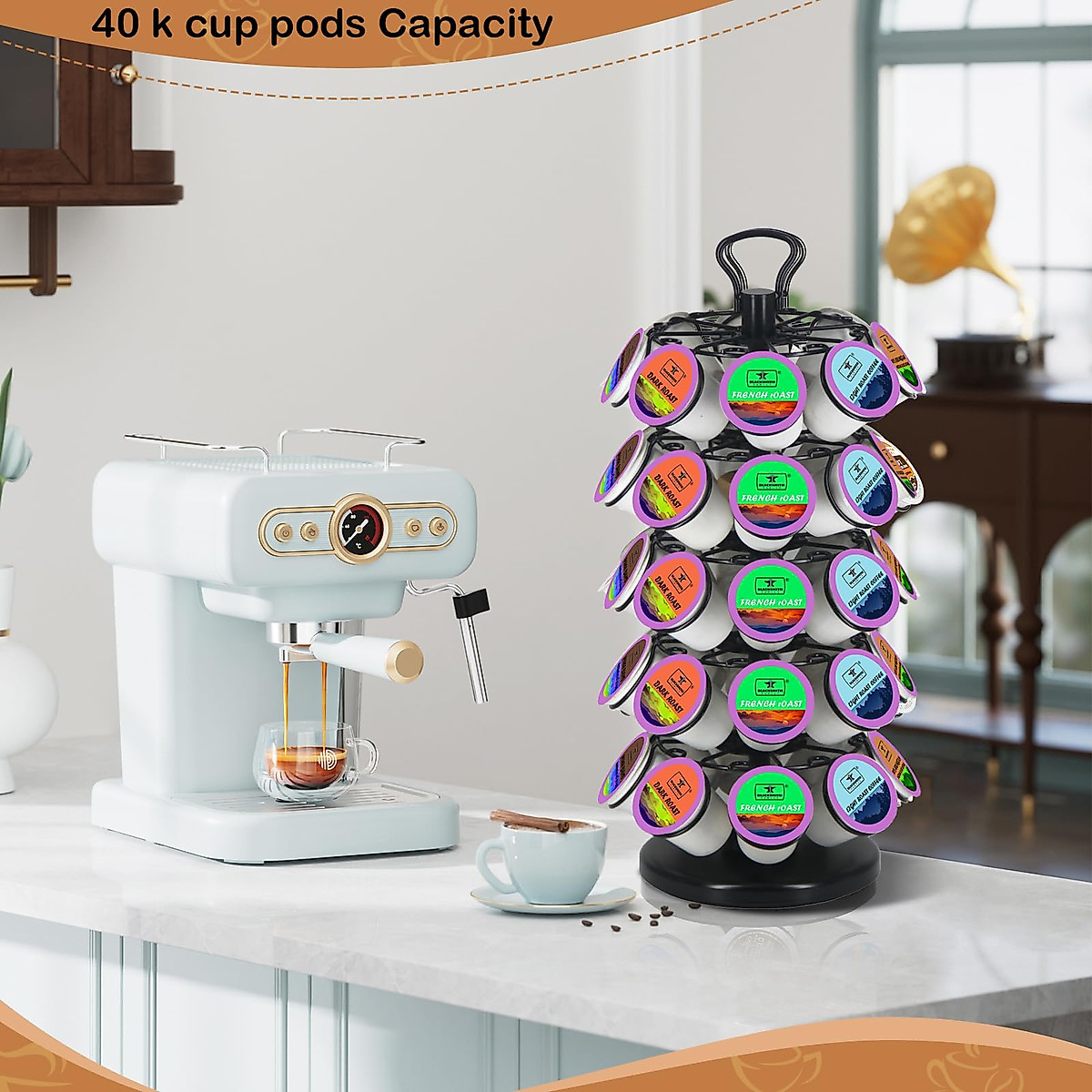 BLACKSMITH FAMILY K Cup Holders,K Cup Holder, K Cups Holder,K Cup Carousel, Coffee Pods Holder Storage Organizer Stand with KD Design (Glossy Black, 40 Pods Capacity)