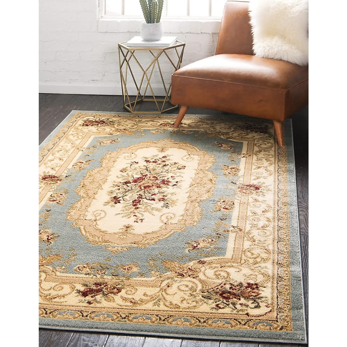 Unique Loom Versailles Collection Traditional Classic Floral Motif Area Rug (8' 0 x 10' 0 Rectangular, Slate Blue/ Ivory)