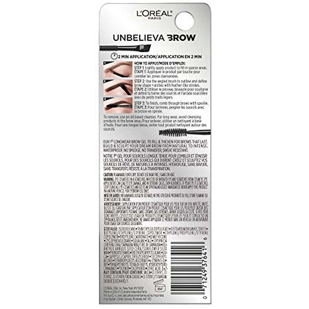 L’Oréal Paris Unbelieva-Brow Longwear Waterproof Tinted Brow Gel, Smudge-resistant, Transfer- Proof, Quick Drying, Easy and quick application with precise brush, Dark Brunette, 0.15 fl. oz.
