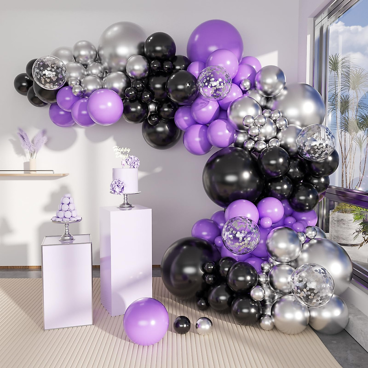 MOXMAY 62 Pcs 12 Inch Black White Purple Balloons Arch Kit, Matte Black and White Metallic Purple Confetti Party Balloons with Ribbons for Birthday, Wedding, Baby Shower, Graduation Decorations