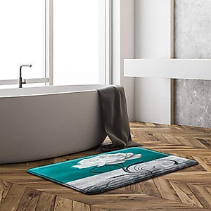 Rose Bath Mat White Rose on Teal Gray Background Modern Creative Bathroom Decor Rug Non Slip Absorbent Doormat Kitchen Toilet Floor Rug,18" x 30"