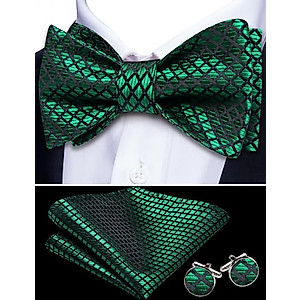Barry.Wang Men Emerald Green Plaid Self Bow Tie Set with Pocket Square Cufflinks Silk Designer Bowtie Necktie