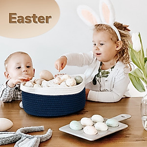 Goodpick Small Woven Basket Cute Navy Blue Rope Basket Cotton Basket Woven Storage Basket Cat Toy Basket Nursery Basket with Handles for Bedroom 12"x 8" x 5" Oval Candy Color Design, (Pack of 1)