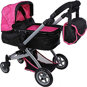 Mommy & Me Babyboo Doll Pram Foldable Doll Stroller with Basket, Convertible Seat, Adjustable Handle, Swiveling Wheels, and Free Carriage Bag (Multi Function) - Hot Pink