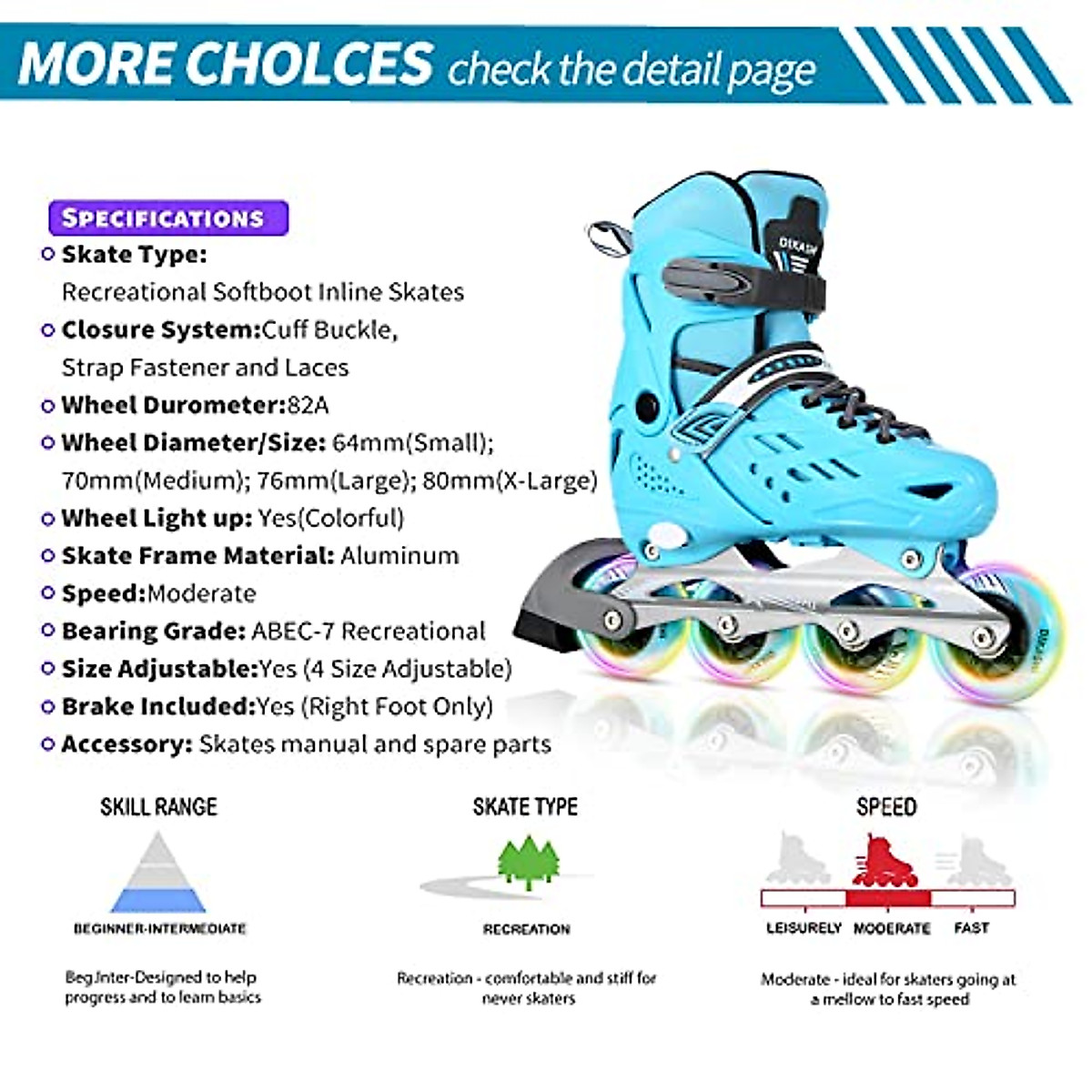 Suitable for Children and Teenagers, 4 Sizes of Adjustable Roller Skates and Bright Wheels, Suitable for Beginners' Indoor and Outdoor Roller Skates (Blue) (34-37(8-9 US)