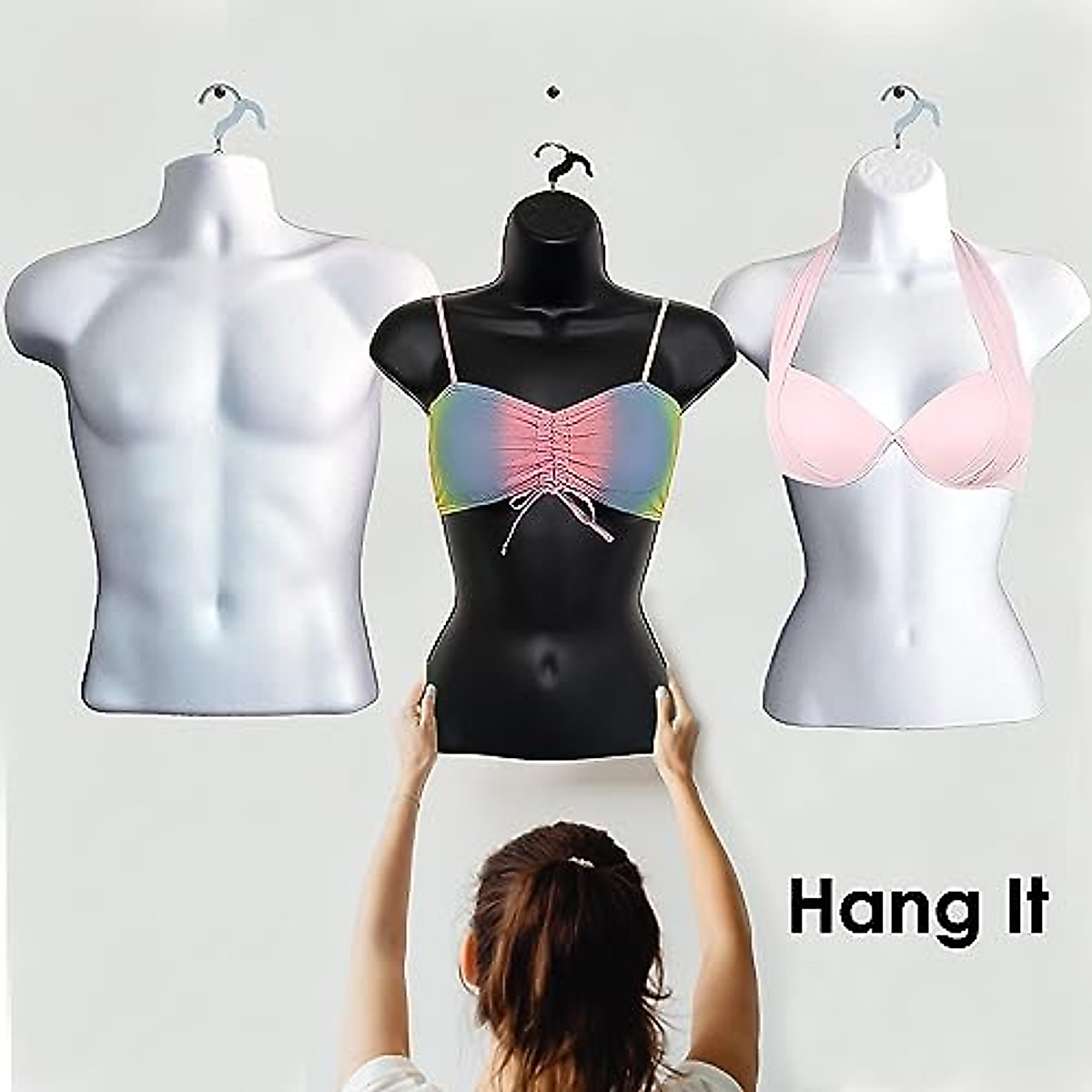 DisplayTown 1 Pack White Male Mannequin Torso with Metal Stand Dress Form Tshirt Display Countertop Hollow Back Body with Metal Pole & Hanging Hook S-M Clothing Sizes