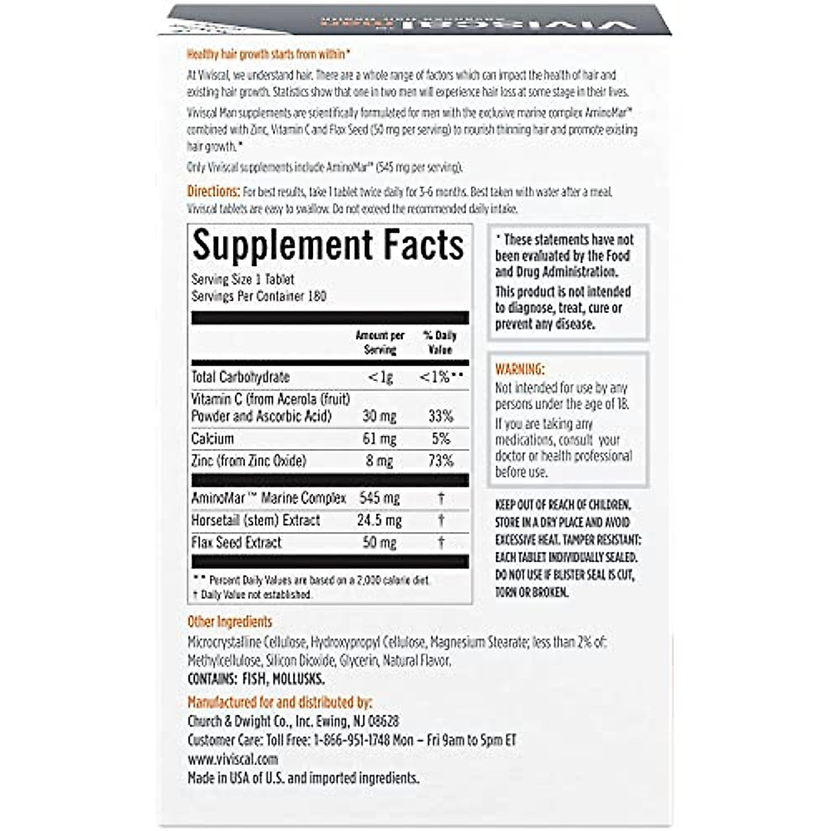 Viviscal Men's Hair Growth Supplements for Thicker, Fuller Hair Clinically Proven with Proprietary Collagen Complex 180 Tablets - 3 Month Supply