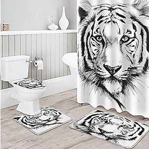 Big buy store 4 Pcs Shower Curtain Sets White Tiger Waterproof Fabic Bathroom Set with Non-Slip Rugs Toilet Lid Cover Bath Mat Wild Animals Shower Curtain with Hooks -72x72 inch Small