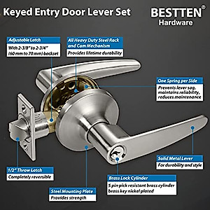 BESTTEN Keyed Entry Door Lever Set with Removable Latch Plate, All Metal, Roma Series Door Handle for Front Door, Satin Nickel