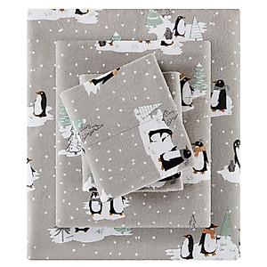 Sleep Philosophy True North Cozy Flannel Warm 100% Cotton Sheet - Novelty Print Animals Stars Cute Ultra Soft Cold Weather Bedding Set, Twin, Grey Penguins 3 Piece