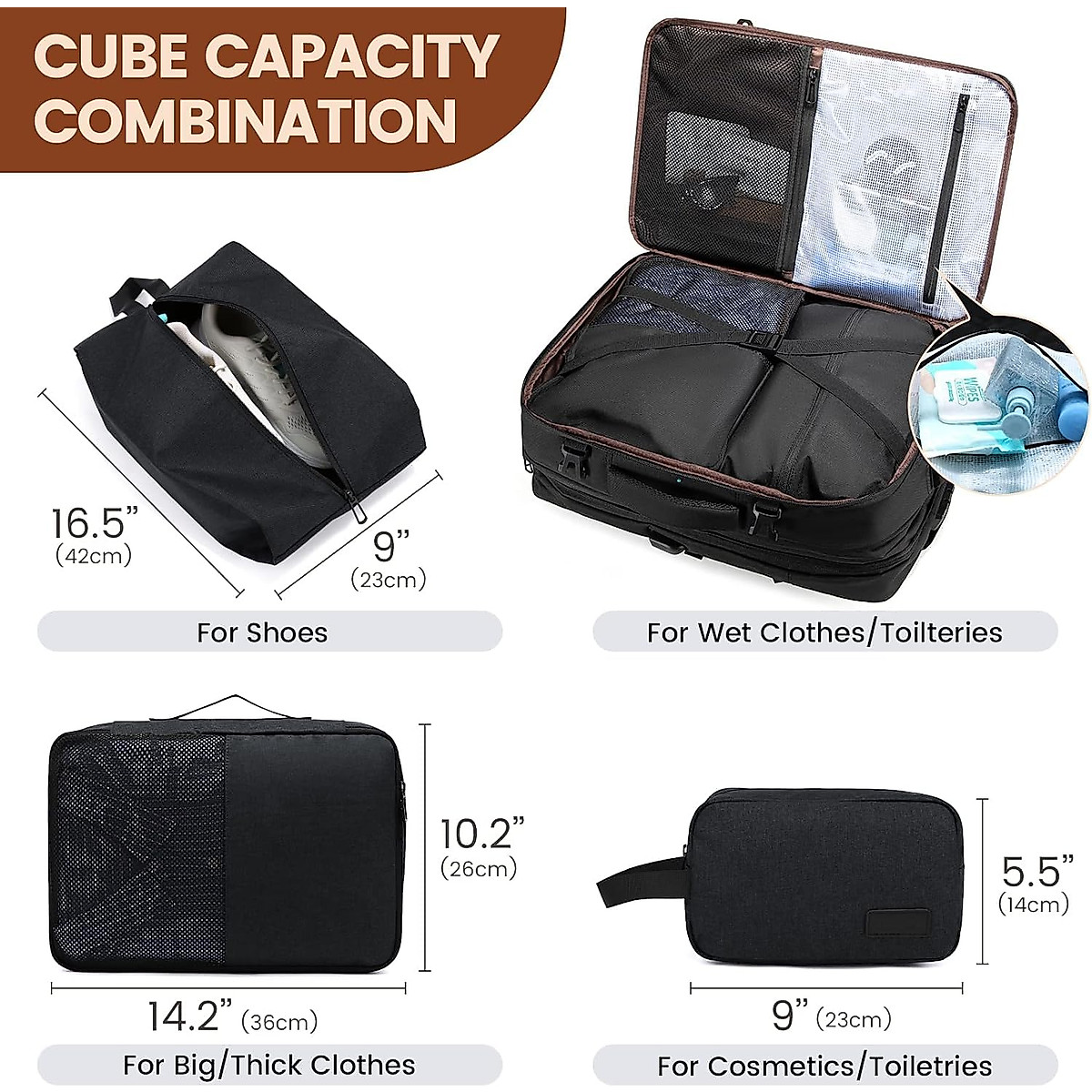 LOVEVOOK Carry on Backpack, Expandable 30-40L Travel Backpack Airline Approved, Waterproof Anti-Theft Backpack for Travel,17 Inch Laptop Backpack with USB Port for Men & Women, Black