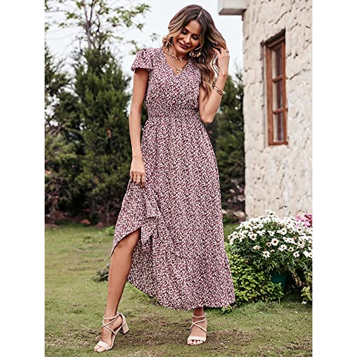 PRETTYGARDEN Womens Summer Dresses 2023 Casual Flowy Swiss Dot Long Maxi Dress for Wedding Guest Graduation (Coffee Pink, Small)