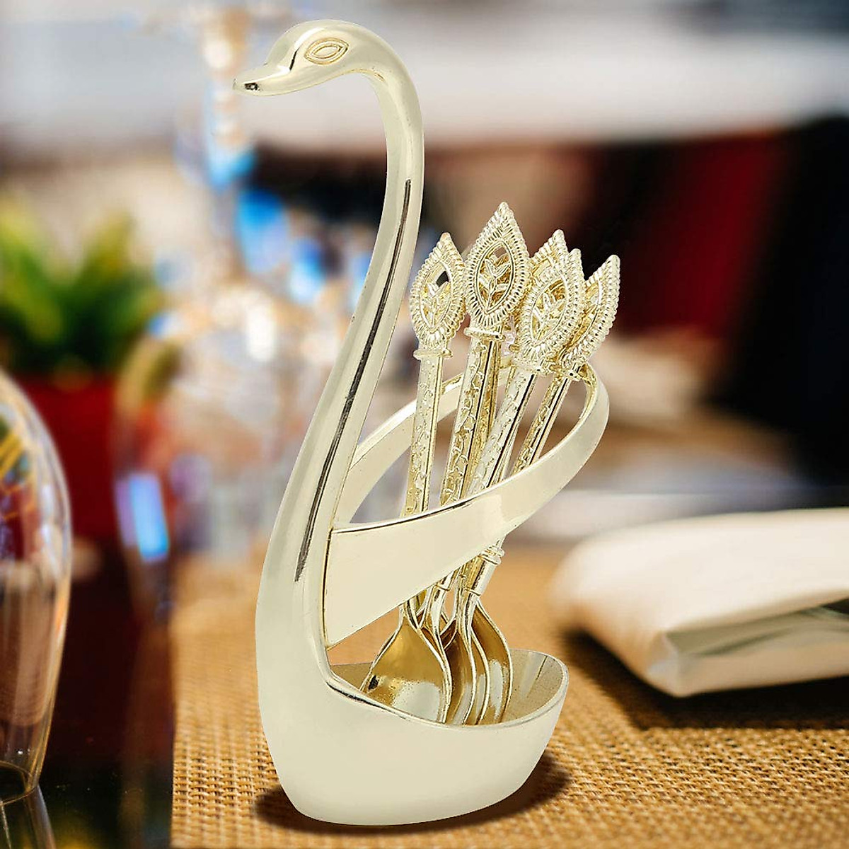 Rust-Proof Spoon Holder, Elegant Flatware Organizer, for Tableware Kitchen(Golden Cygnus + 6 spoons)