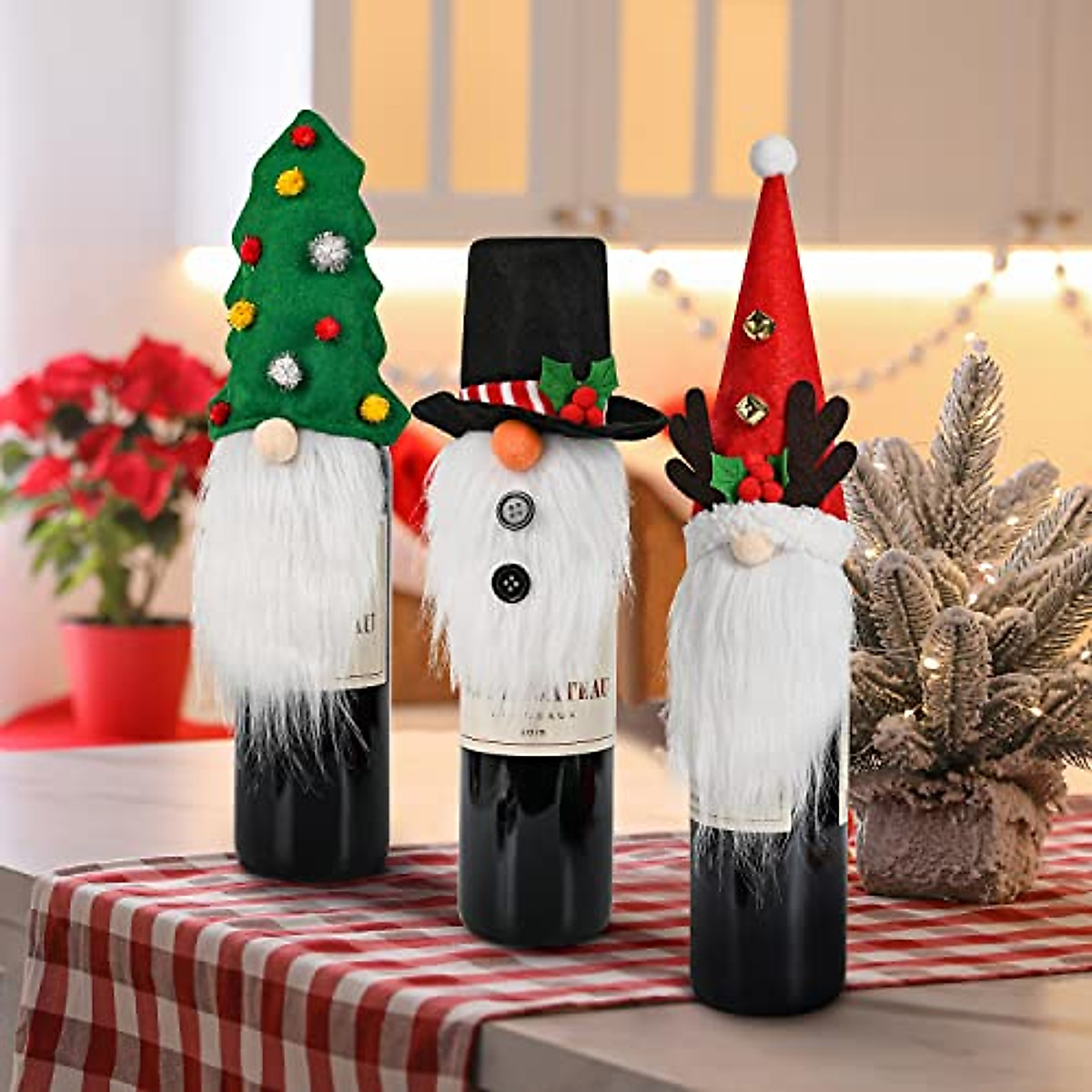 Mocoosy 3PCS Gnome Christmas Wine Bottle Cover Toppers, Christams Tree Snowman Reindeer Santa Hat for Wine Bottle Christmas Table Decorations, Decorative Felt Bottle Gift Bags Xmas Holiday Home Decor