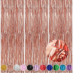 Crosize 3 Pack Backdrop Curtain, 3.3 x 9.9 ft Rose Gold Foil Fringe, Streamers Birthday Party Decorations, Tinsel Curtain for Parties, Photo Booth, Party Decor