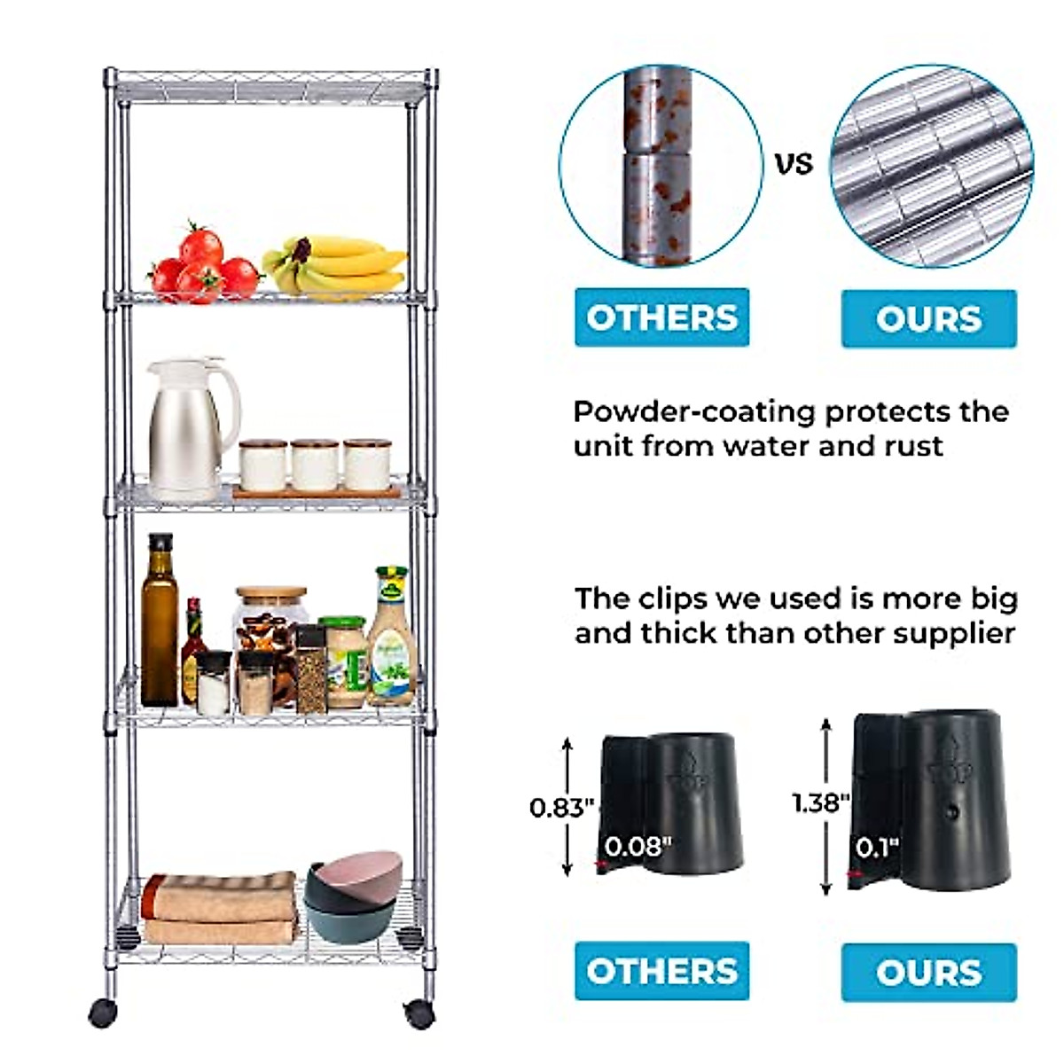 JS HANGER Wire Shelving Unit with Wheels, 5-Tier Heavy Duty Height Adjustable Rolling Metal Shelves for Storage, 550 lbs Capacity, 23.23''W X 13.4''D X 71''H, Silver