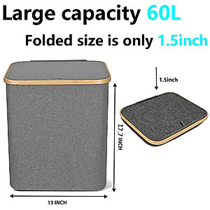 Mindore Laundry Hamper with Lid,60L Collapsible Laundry Basket with Bamboo Handles,Portable Clothes Hamper for Dorm Room, Bathroom, Bedroom,Grey Foldable Hamper for Toys, Closet, Clothing
