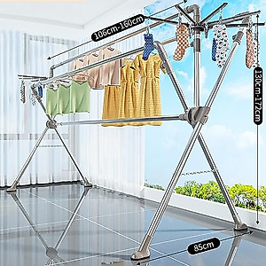 Retractable Heavy Duty Stainless Steel Laundry Drying Racks, Clothes Drying Racks Outdoor, Foldable Portable Space Saving Clothes Drying Rack, 3 Pole Drying Rack,With Sock Clip ( Color : Silver , Size