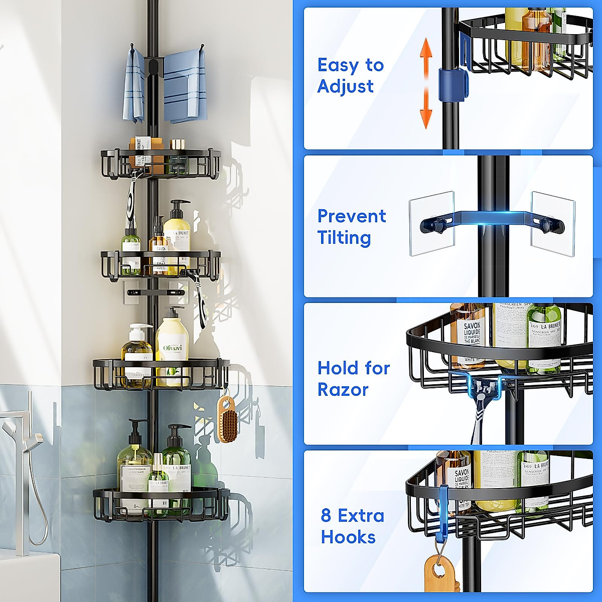 Coonoor Corner Shower Caddy Tension Pole - 62-115 INCH - 4-Tier Rustproof Bathroom Organizer Shelves, Adjustable Bathtub Tub Shampoo Storage