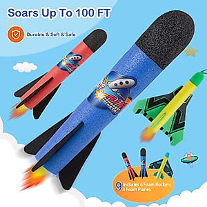Rocket Toy Outdoor Rocket Launcher for Kids, Shoots Up to 100 Feet, 6 Colorful Rockets and 3 Planes with 2 Sturdy Launcher Toy Stand, Birthday Gift for Boys Girls Age 3-12