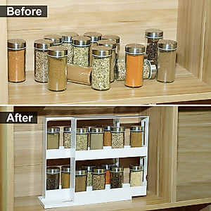 Rotating Spice Rack Plastic Seasoning Spice Jar Rack Storage 2 Tier Pull Out Kitchen Cabinet Organiser Slide Salt Bottle Box Holder Shelf Counter Spice Stand Multi-Function Pantry Door Storage - White