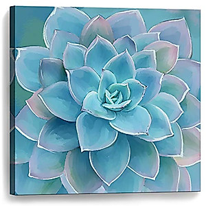Blue Succulents Bathroom Decor Wall Art Framed Modern Popular Wall Plants Decorations Canvas Prints Artwork Wall Decor for Bedroom Blue Flower Pictures Size 14x14 inch Easy to Hang