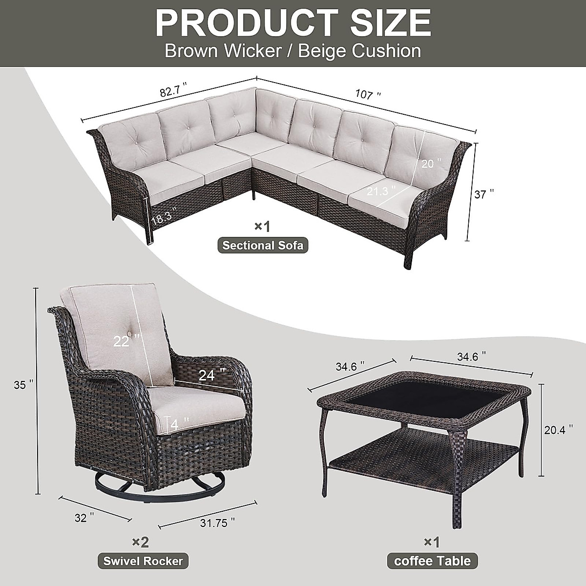 Outdoor Furniture Sectional Sofa L Shaped Couch - Patio Wicker Set with 2 Swivel Glider Chairs, 5 Piece Rattan Patio Conversation Sets with Beige Cushion for Deck Backyard Sunroom