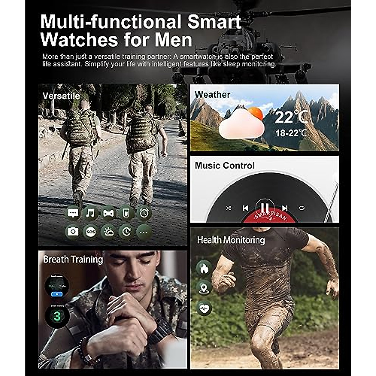 LIGE Smart Watch for Men Heavy Duty Make Call IP68 Waterproof with 1.43in AMOLED Touchscreen Always on Display Long-Lasting Battery Fitness Tracker Android iOS Military Smart Watch for Men
