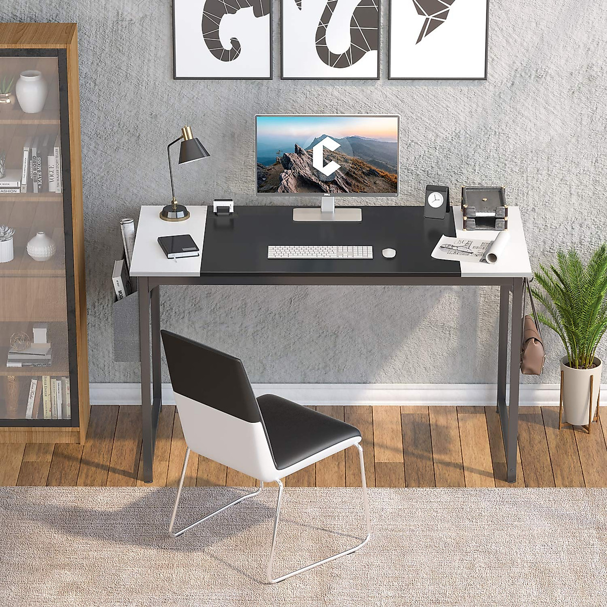 Cubiker Computer Desk 47 Inch Home Office Writing Desk Student Study Desk with Small Table and Storage Bag,Black and White