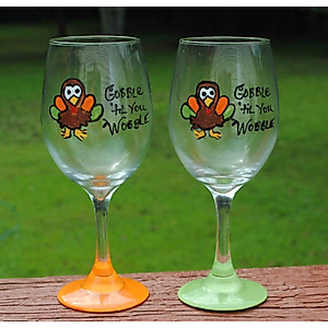 Thanksgiving Turkey Orange Green Gobble Til You Wobble Hand Painted Wine Glasses Set of 2