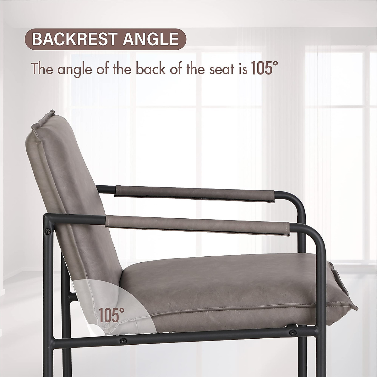 MAISON ARTS Steel Frame Leather Accent Chair Mid Century Modern Lounge Arm Chair Soft Upholstered for Home Office Study Living Room, 350LBS Bear Capacity, Grey