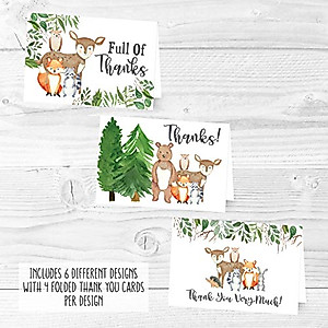 24 Woodland Thank You Cards With Envelopes, Kids or Baby Shower Thank You Note, Rustic Animal Deer or Fox, 4x6 Varied Gratitude Pack For Party, Birthday Boy or Girl Children, Appreciation Stationery