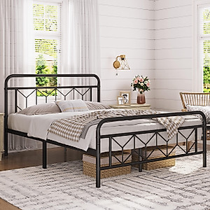 Yaheetech Metal Platform Bed Frame Mattress Foundation with Diamond Pattern Headboard/Footboard/Heavy Duty Steel Slat Support/Under Bed Storage/No Box Spring Needed/Queen Size Black