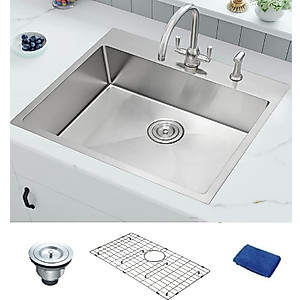 WHISTLER 25x22 inch Handmade Topmount Sink Drop-In 16 Gauge Stainless Steel Single Bowl Kitchen Sinks with 2 Holes for Faucet & Soap Dispenser, Basket Strainer,Bottom Grid and Kitchen Towel