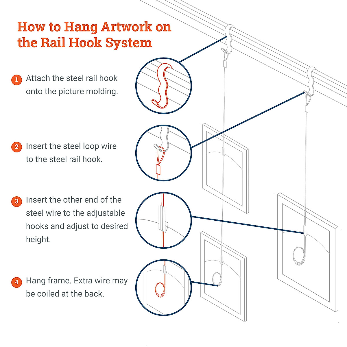 Picture Rail Molding Hooks and Wire - 5 Pack - Includes Silver Rail Hooks, Wire Cables and Adjustable Frame Hangers